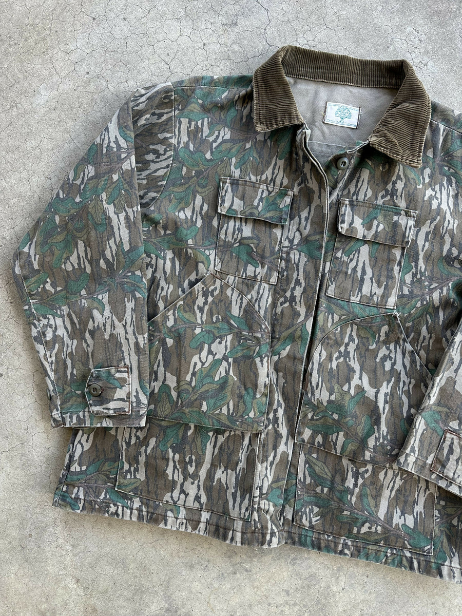 80’s Mossy Oak Greenleaf Camo Corduroy Collar Jacket (L/XL) 🇺🇸 – Camoretro